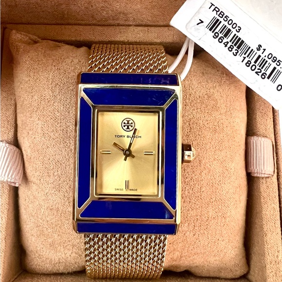 Tory Burch | Accessories | Tory Burch Gold And Blue Rectangular Watch ...